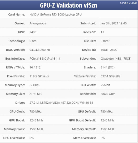 GPU-Z 認證 NVIDIA GeForce RTX 3080 Max-Q 行動版規格 6144 CUDA, 1245 MHz ...